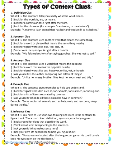 Types of Context Clues Worksheets