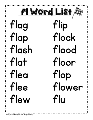 Fl word study lists, fly, flag, flat etc. Worksheets